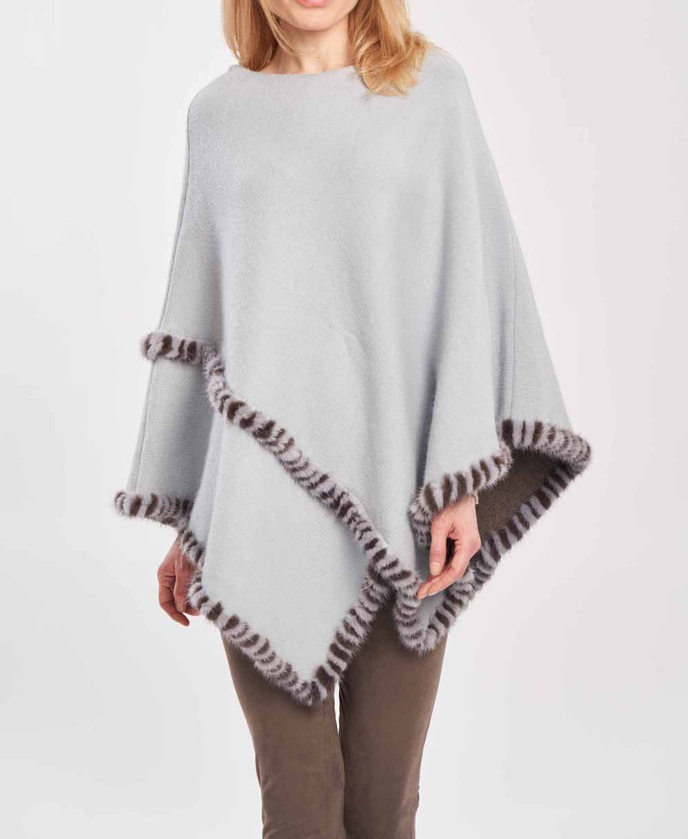 Woven Poncho With Mink Trimming In Baby Blue – Frances Kahn